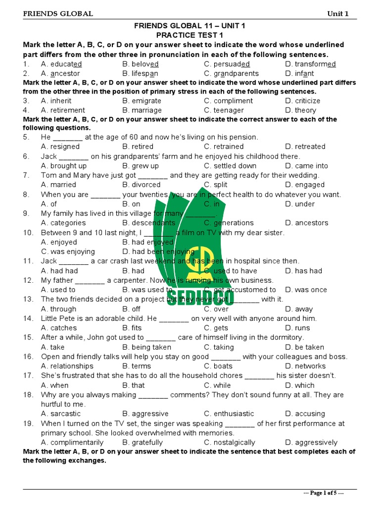 Tieng Anh 11 Friends Global - Unit 1 - Test 1 | PDF