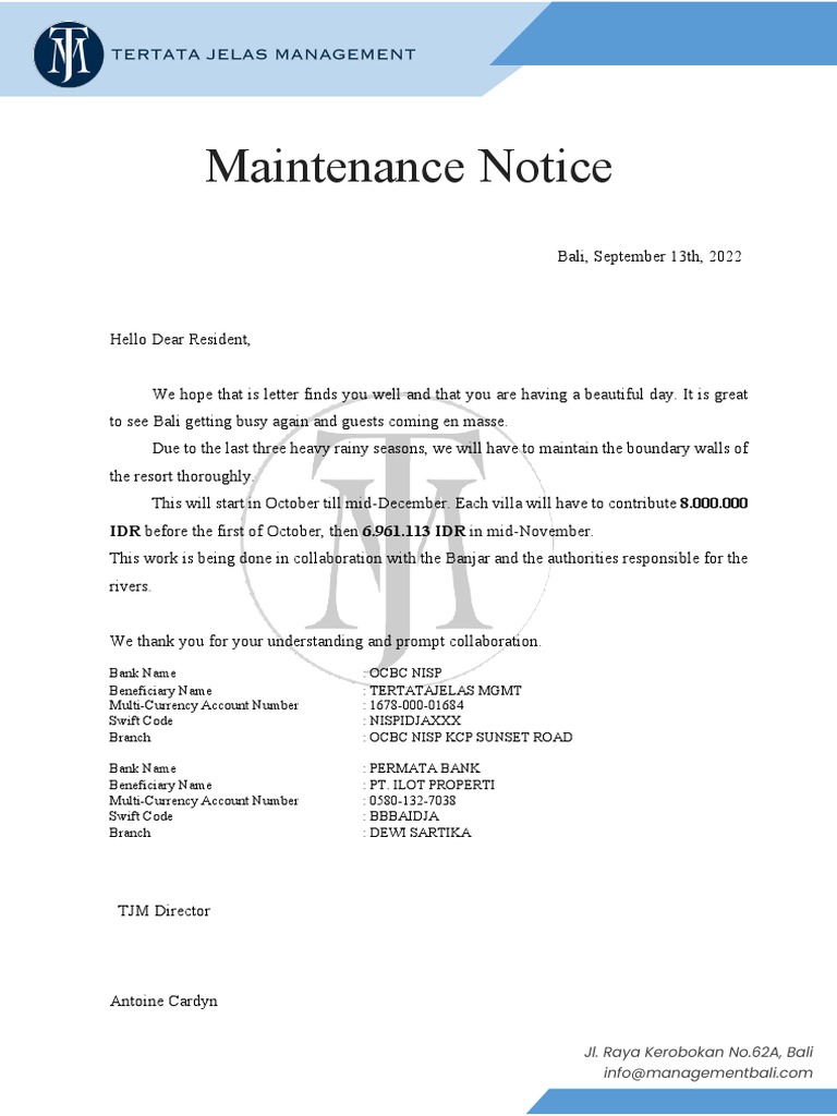 Maintenance Letter | PDF | Business | Finance & Money Management