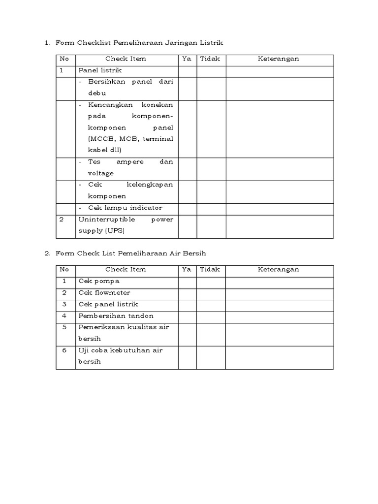 Form Checklist Pemeliharaan Sitem Utilitas | PDF