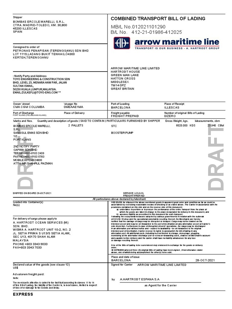 250 412-21-01986-412025 Aml BL e | PDF | Cargo | Bill Of Lading