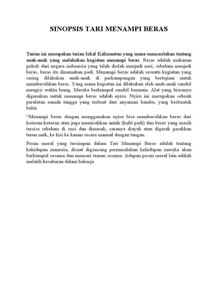 Sinopsis Tari Menampi Beras Kalimantan | PDF | Memasak, Makanan ...