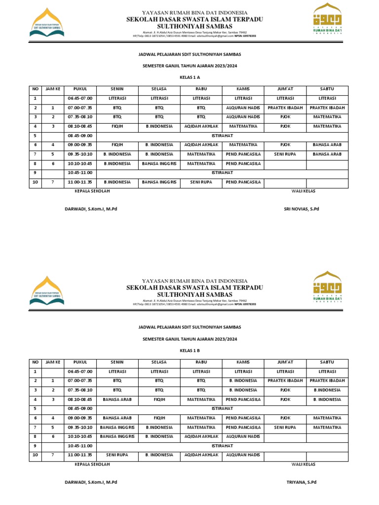 Jadwal Pelajaran Semester Ganjil 2023 - 2024 | PDF
