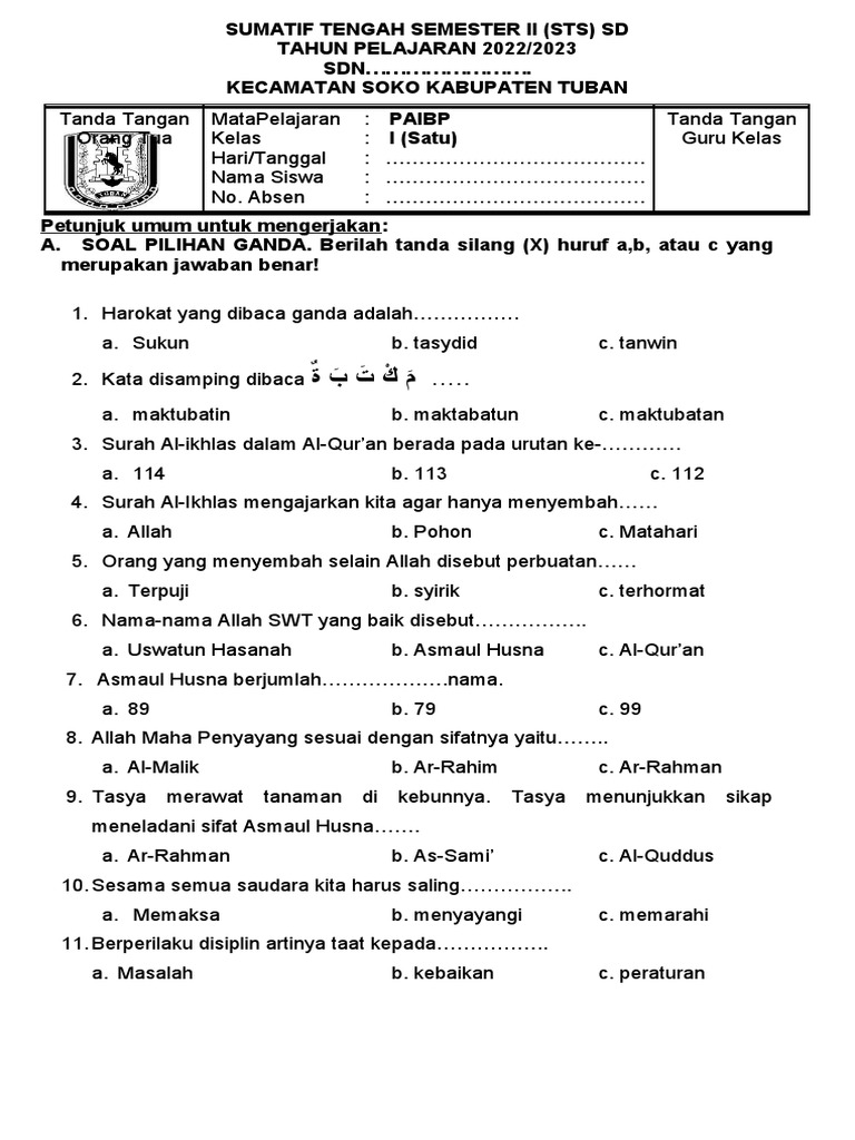 Soal PTS Kelas 1 | PDF