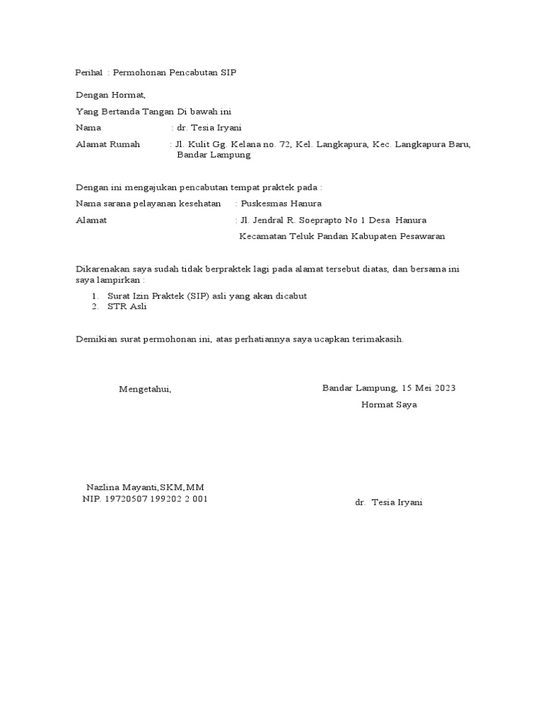 surat permohonan cabut sip | PDF