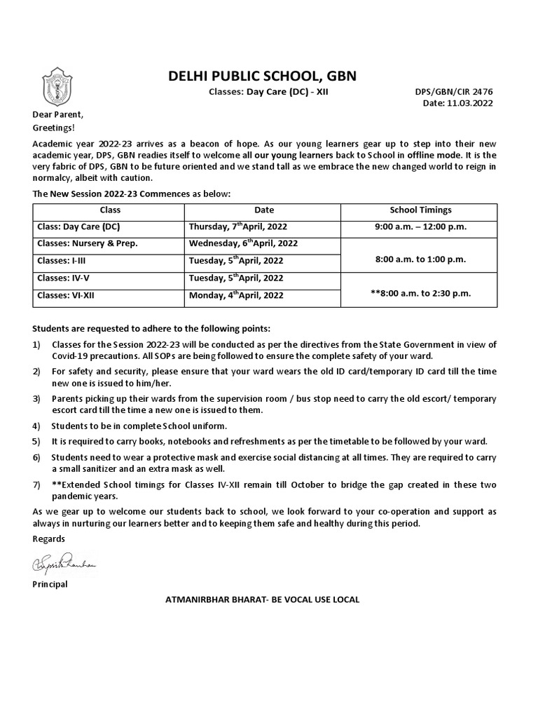 Delhi Public School, GBN: Classes | PDF