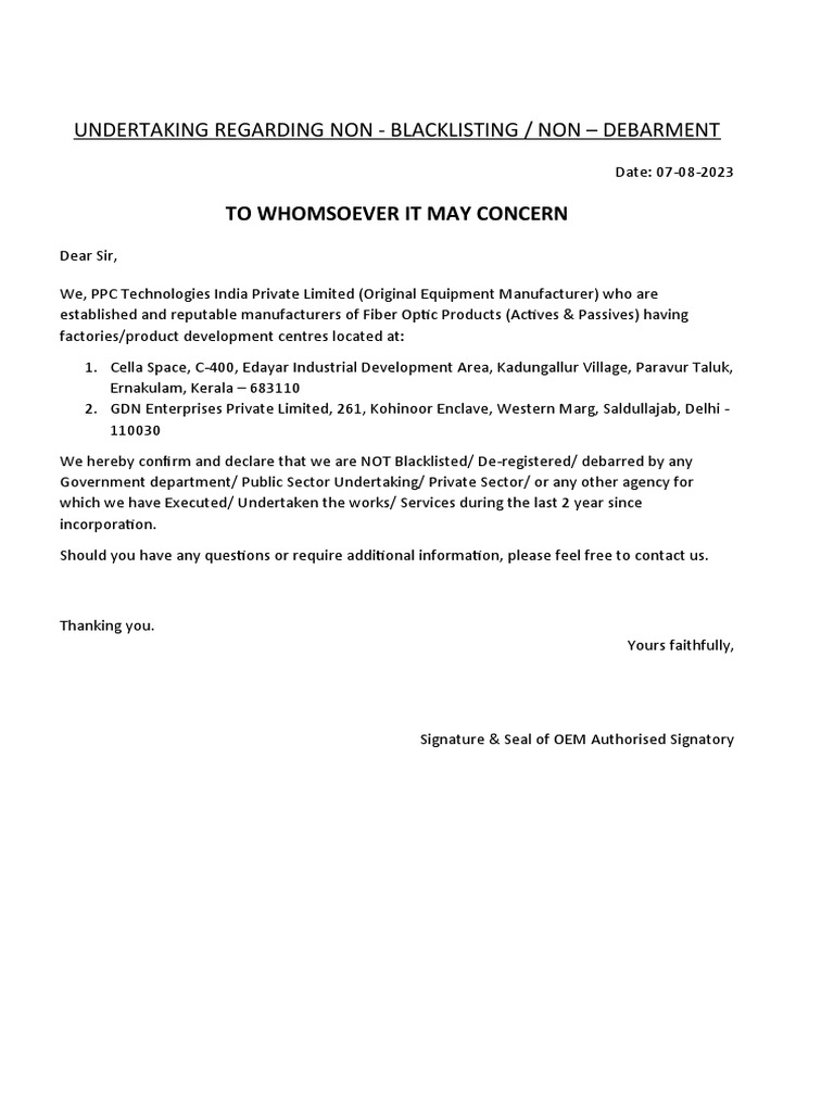 Undertaking Non Blacklisting | PDF Undertaking Non Blacklisting | PDF