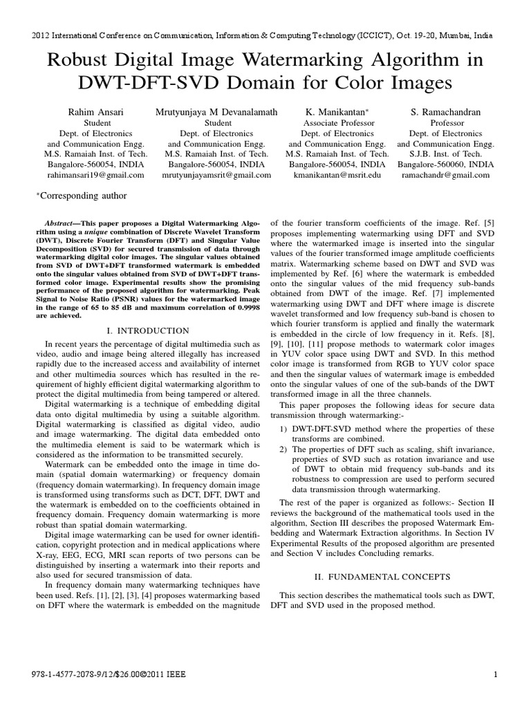 Robust Digital Image Watermarking Algorithm in | PDF