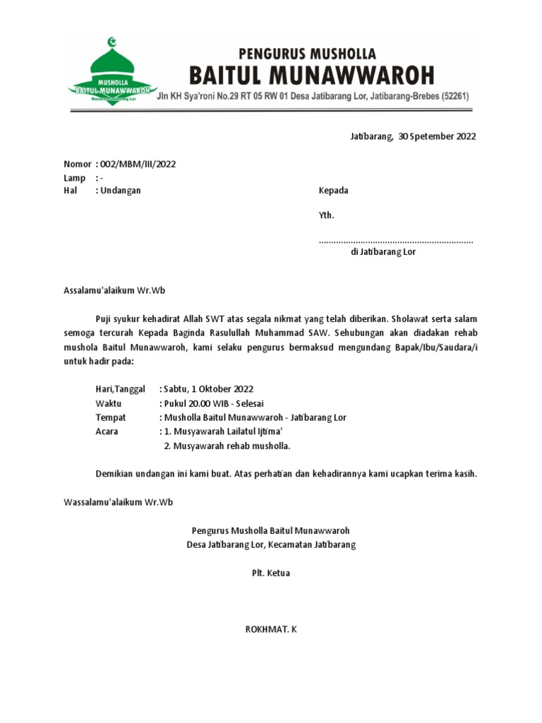 Undangan Musyawarah Rehab Musholla | PDF | Griya & Taman