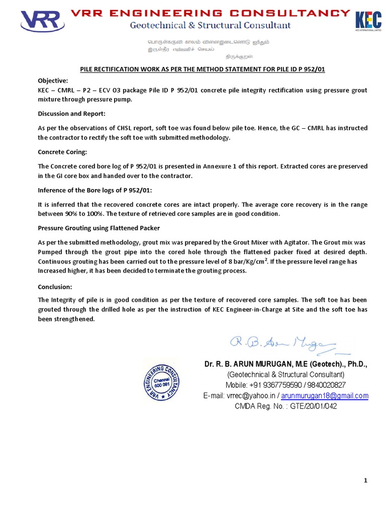 P 952-01 Final Coring and grouting Report | PDF
