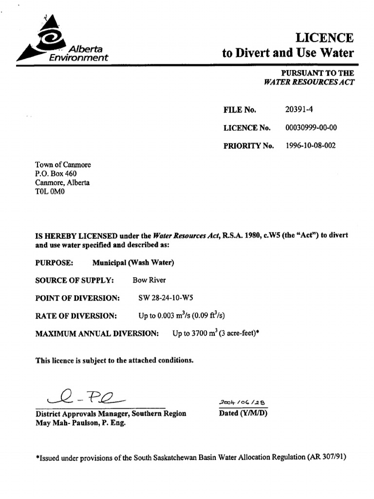 Town of Canmore Water Licences | PDF