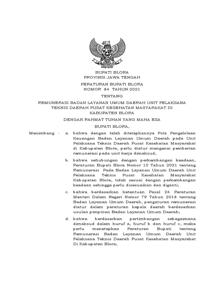 Perbup 84 2021 Remunerasi Puskesmas | PDF