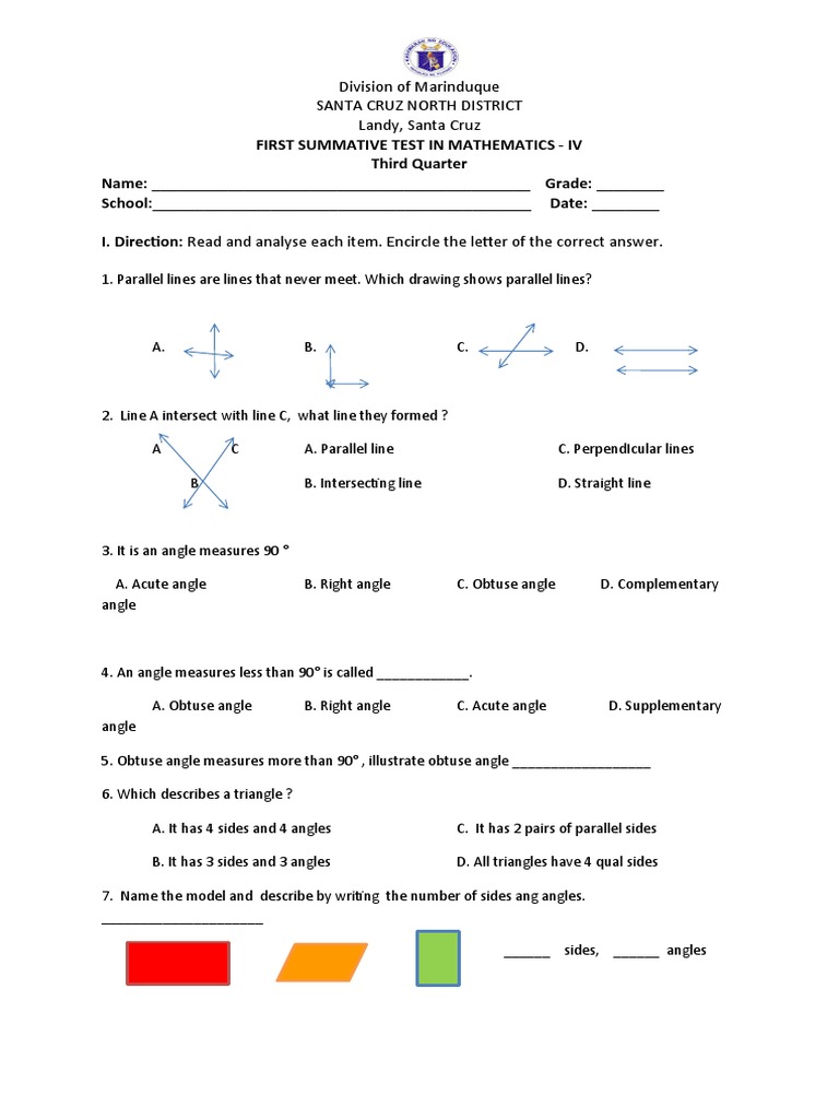 Third Quarter Summative TEST No. 1 Math 4 | PDF | Triangle | Rectangle