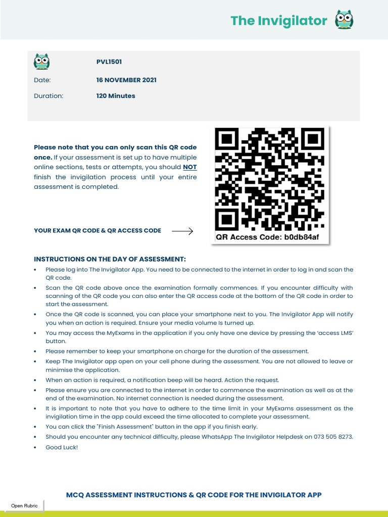 MCQ QR Code and Instructions - Distribution To Students - PVL1501 | PDF