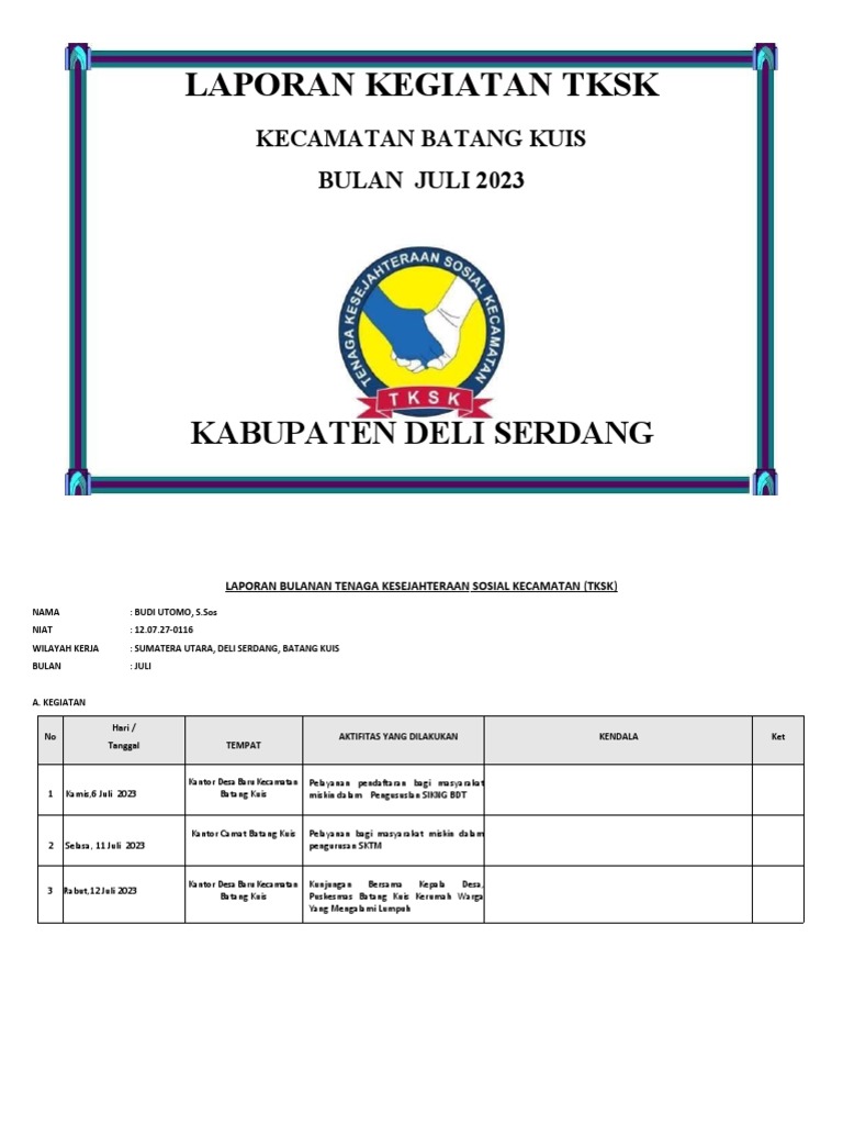 Laporan Bulan Juli TKSK 2023 Kecamatan Batang Kuis | PDF