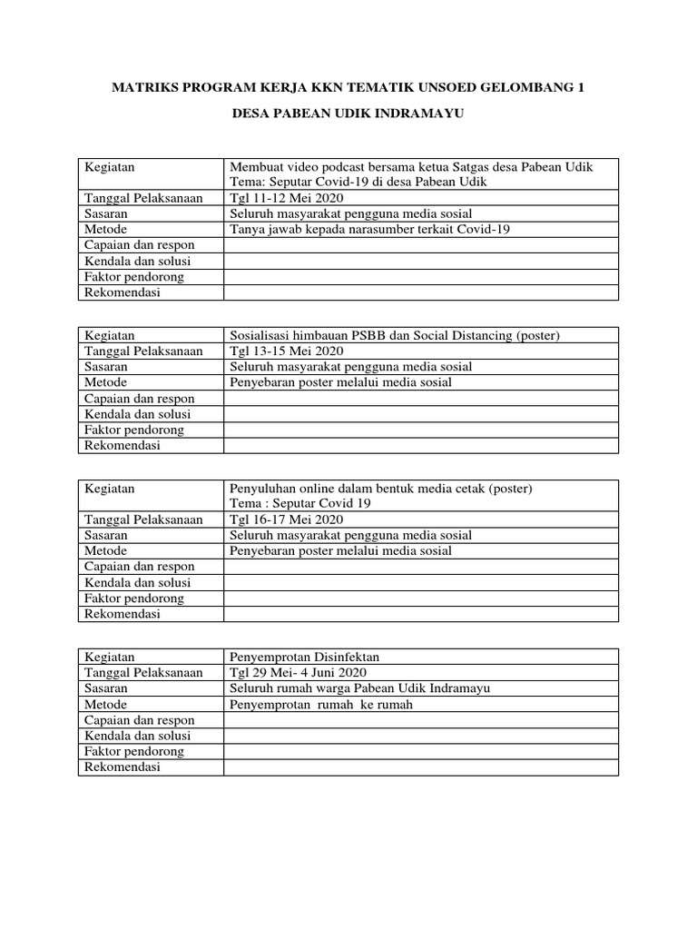 Matriks Program Kerja KKN Tematik Unsoed Gelombang 1 (1) - Dikonversi | PDF | Pengembangan Diri