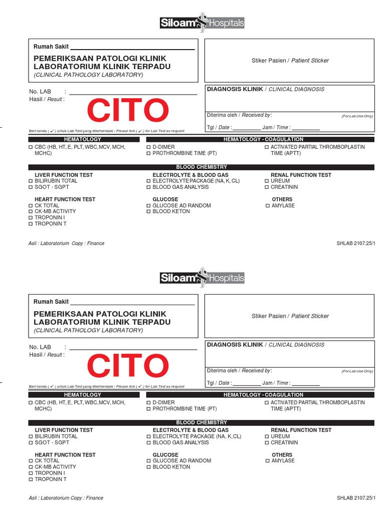 Form Pemeriksaan Lab PK CITO - Rev01 - 10072021 | PDF | Body Fluids ...