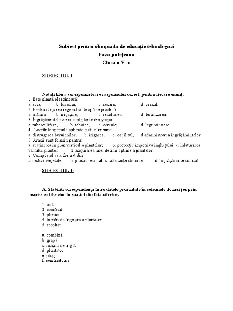 Subiect Pentru Olimpiada de Educatie Tehnologica Faza Judeteana Clasa A Va | PDF