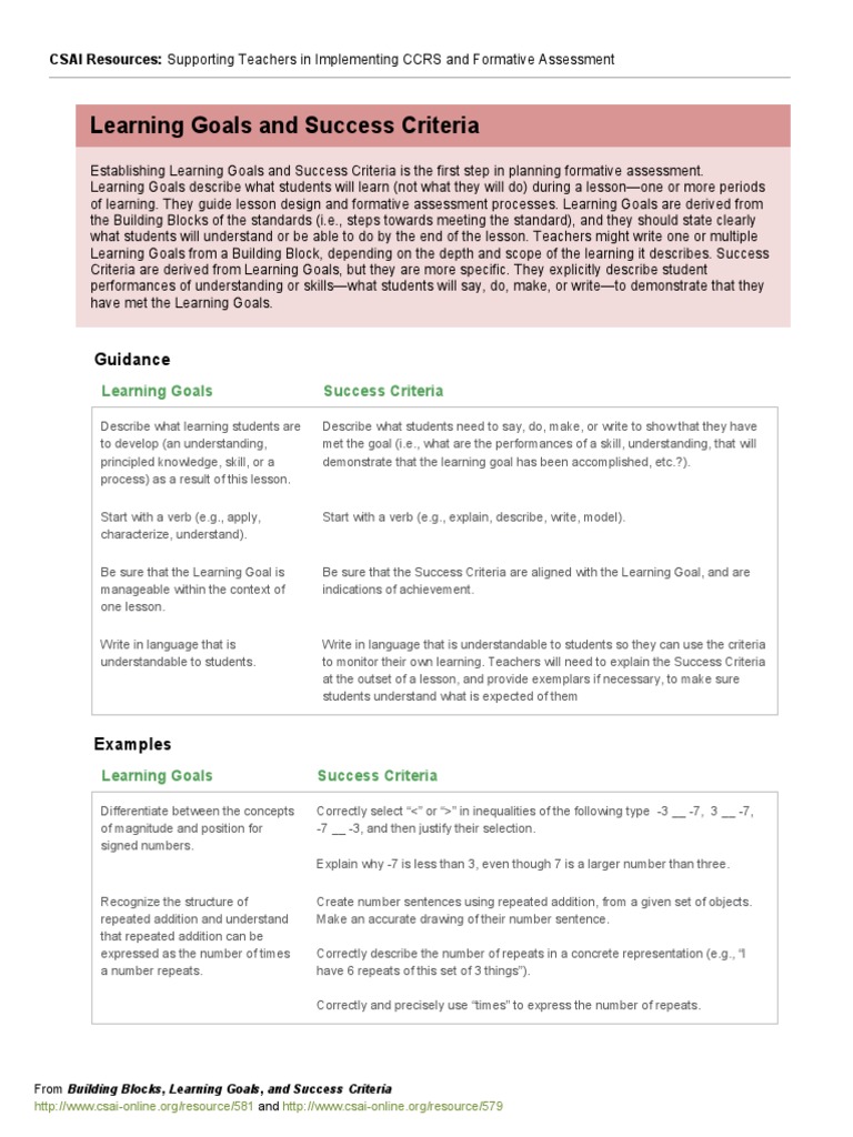 Learning Goals and Success Criteria Guide | PDF