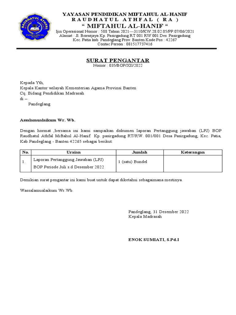 SURAT PENGANTAR LPJ BOP (THP 2) | PDF