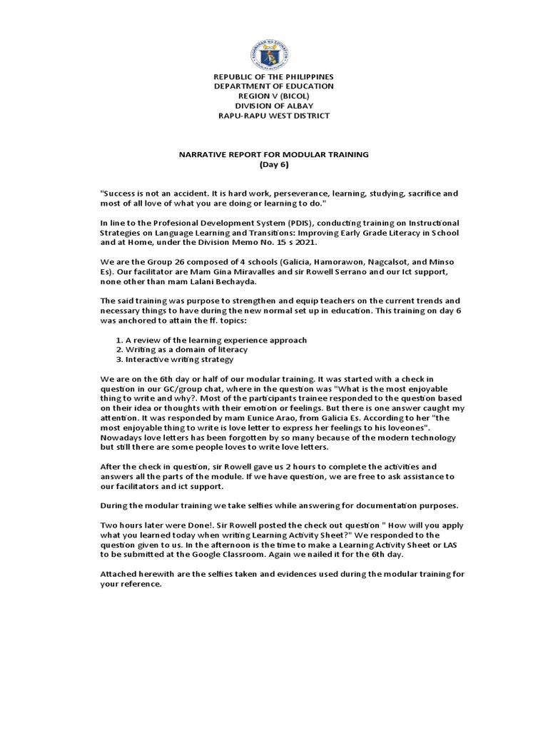 Narrative Report-Day 6 | PDF | Human Communication | Behavior Modification