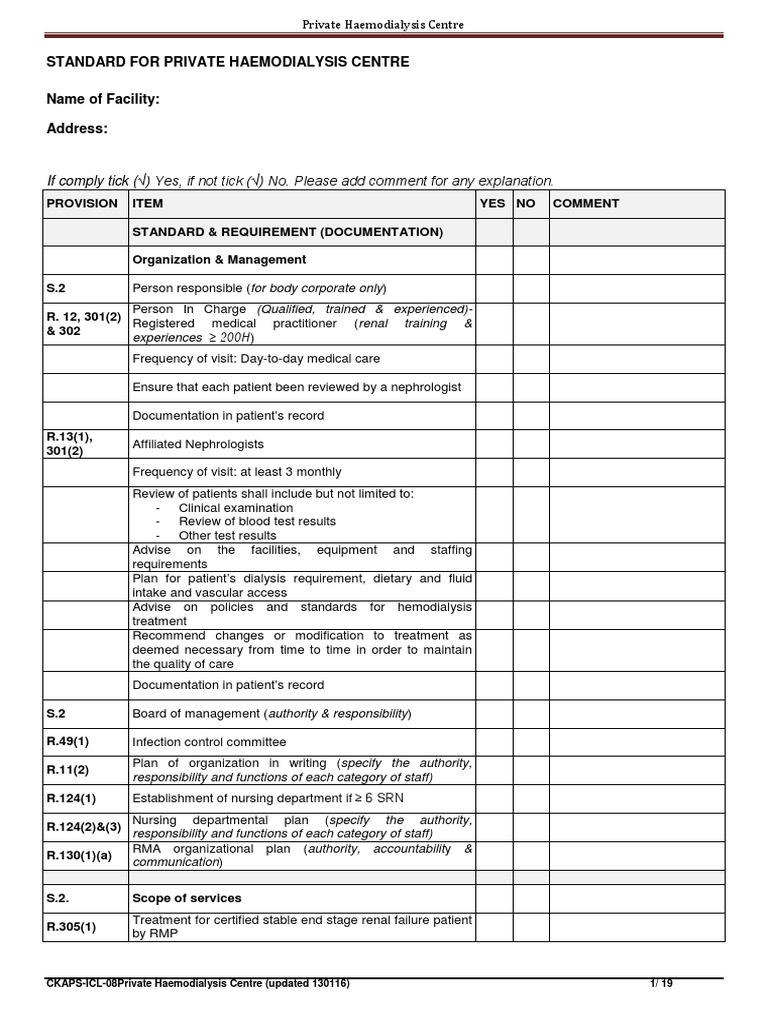 Private Hemodialysis Centre in Malaysia Checklist | PDF