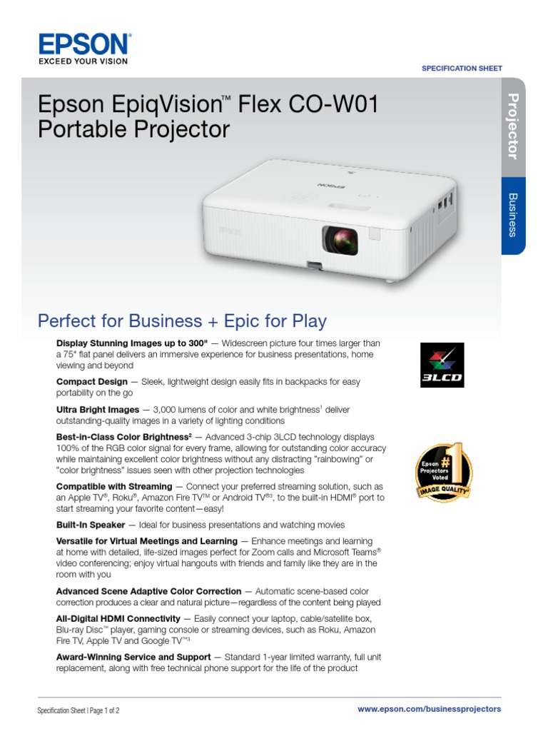 EpiqVision Flex CO-W01 Portable Projector Specification Sheet CPD-62414 | PDF | Zoom Lens | Hdmi