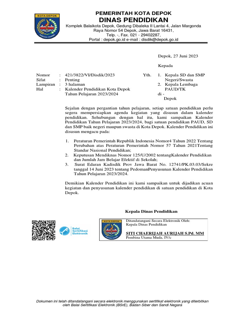 Kalender Pendidikan Kota Depok TP 2023 - 2024 | PDF