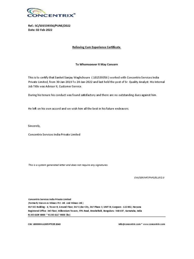 Concentrix Experience Certificate for Sanket Waghchoure | PDF