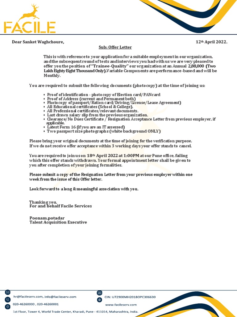 Quality Trainee Sanket Waghchoure Offer Letter | PDF