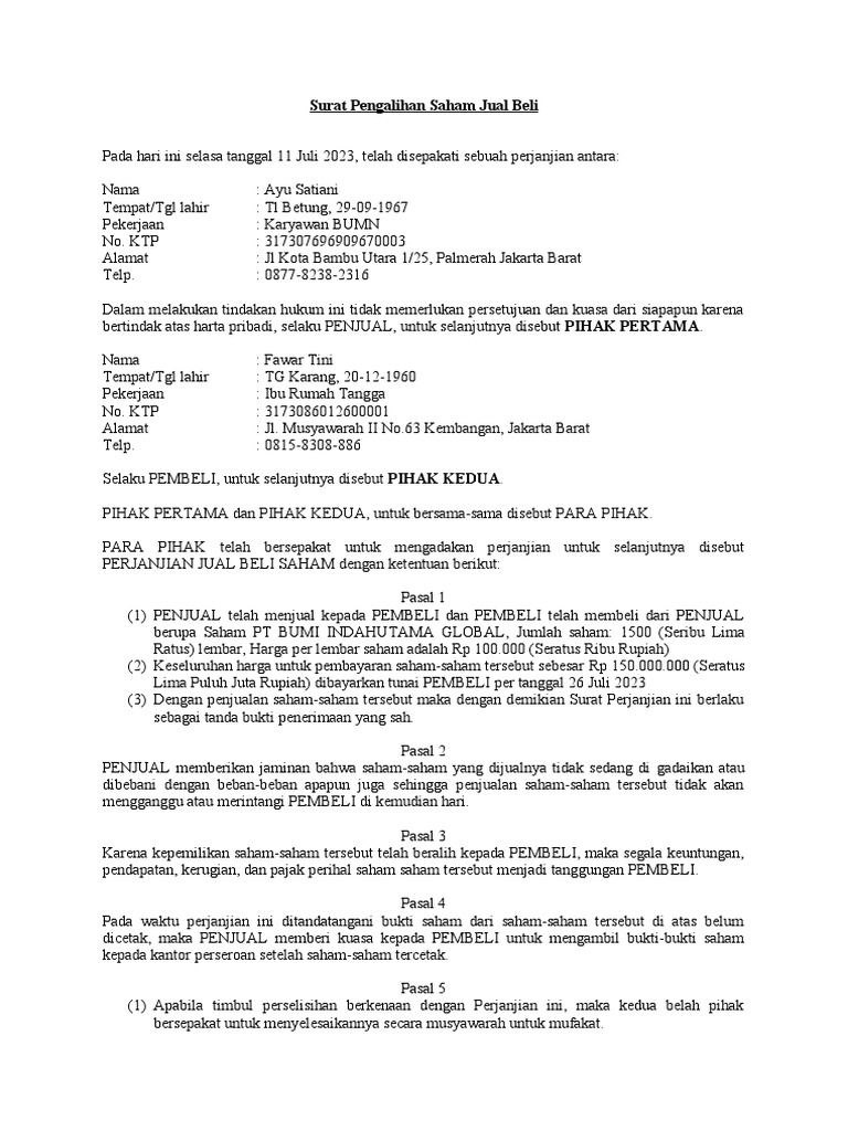 Surat Pengalihan Saham Ibu Ayu | PDF