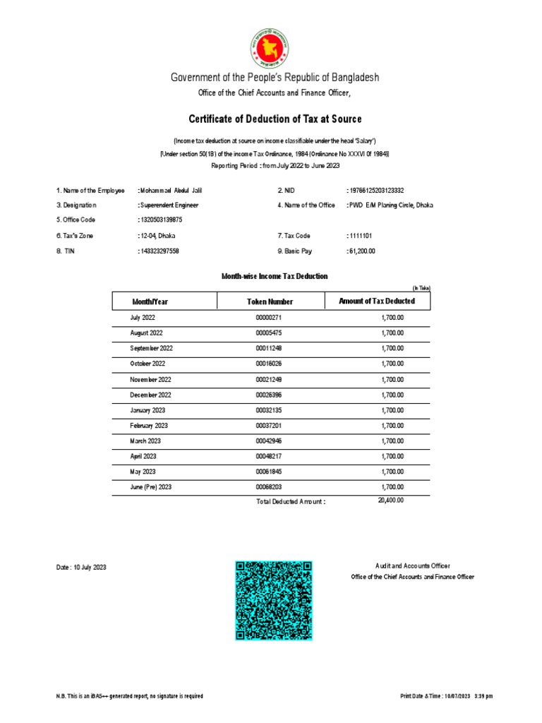 Bangladesh Salary Tax Deduction Certificate | PDF