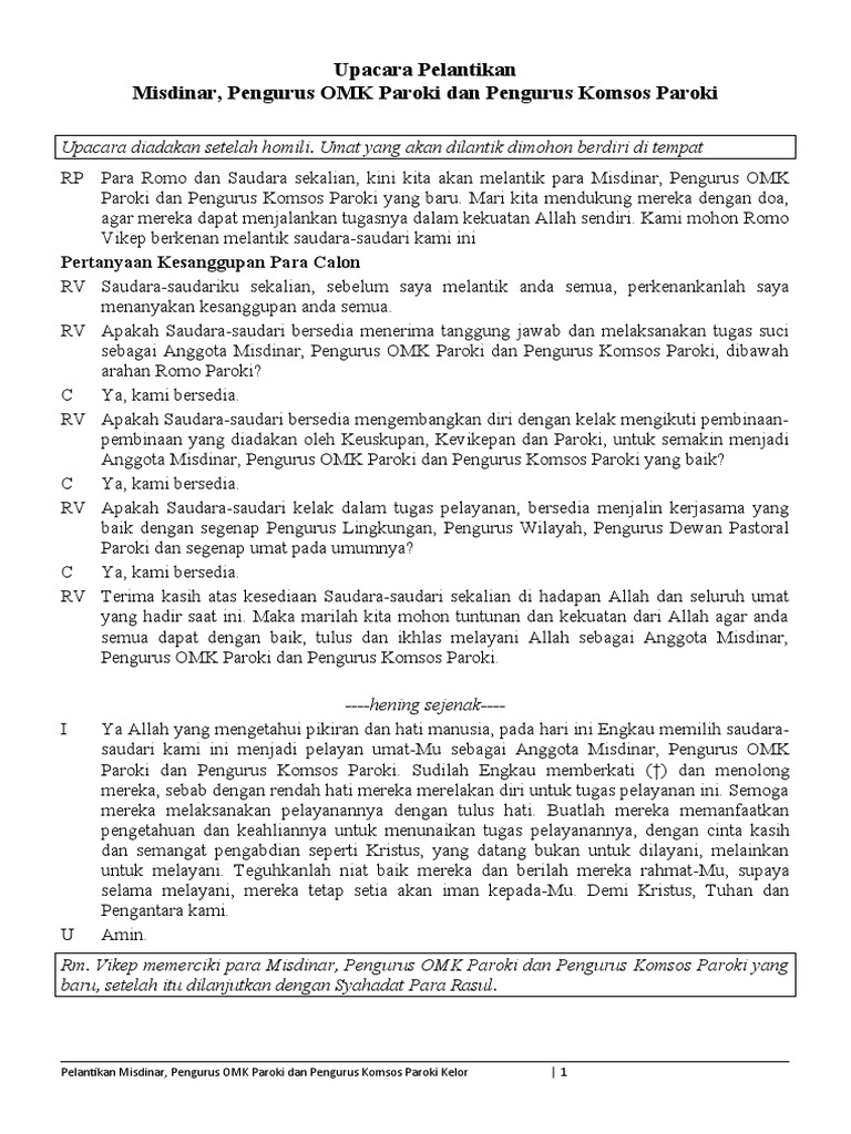 Upacara Pelantikan Misdinar, OMK, Komsos | PDF