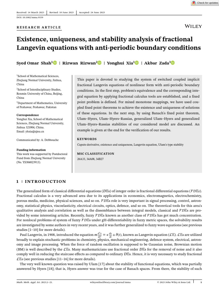 Math Methods in App Sciences - 2023 - Shah | PDF | Monotonic Function | Equations