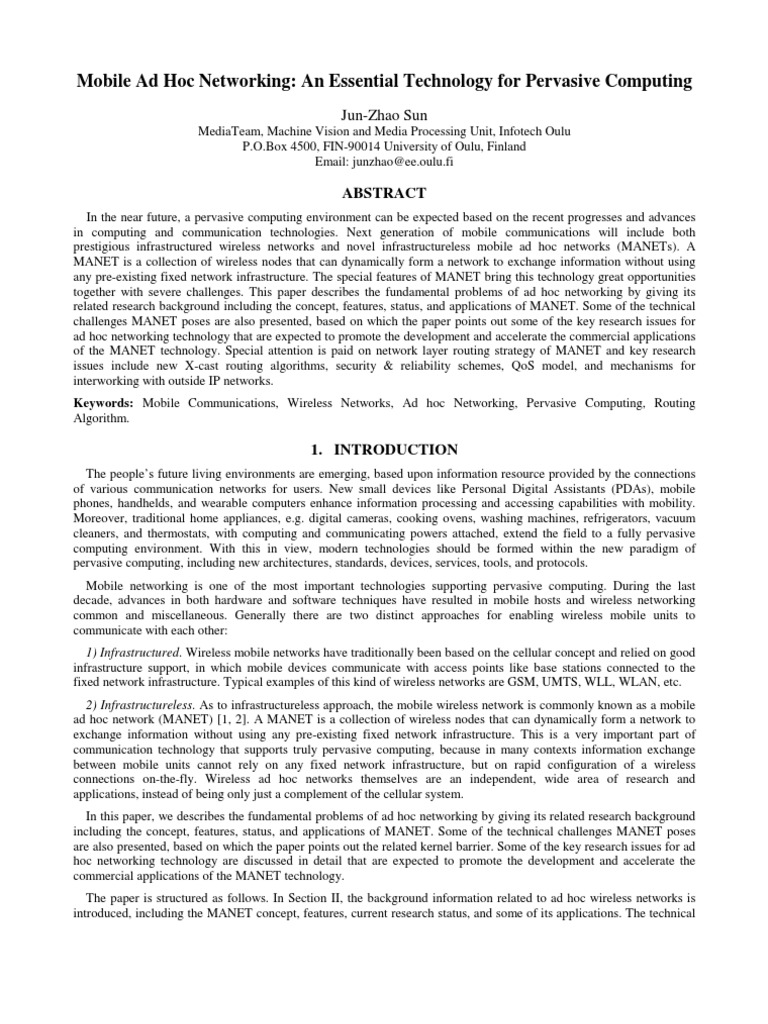 Mobile Ad Hoc Networking: An Essential Technology For Pervasive Computing | PDF