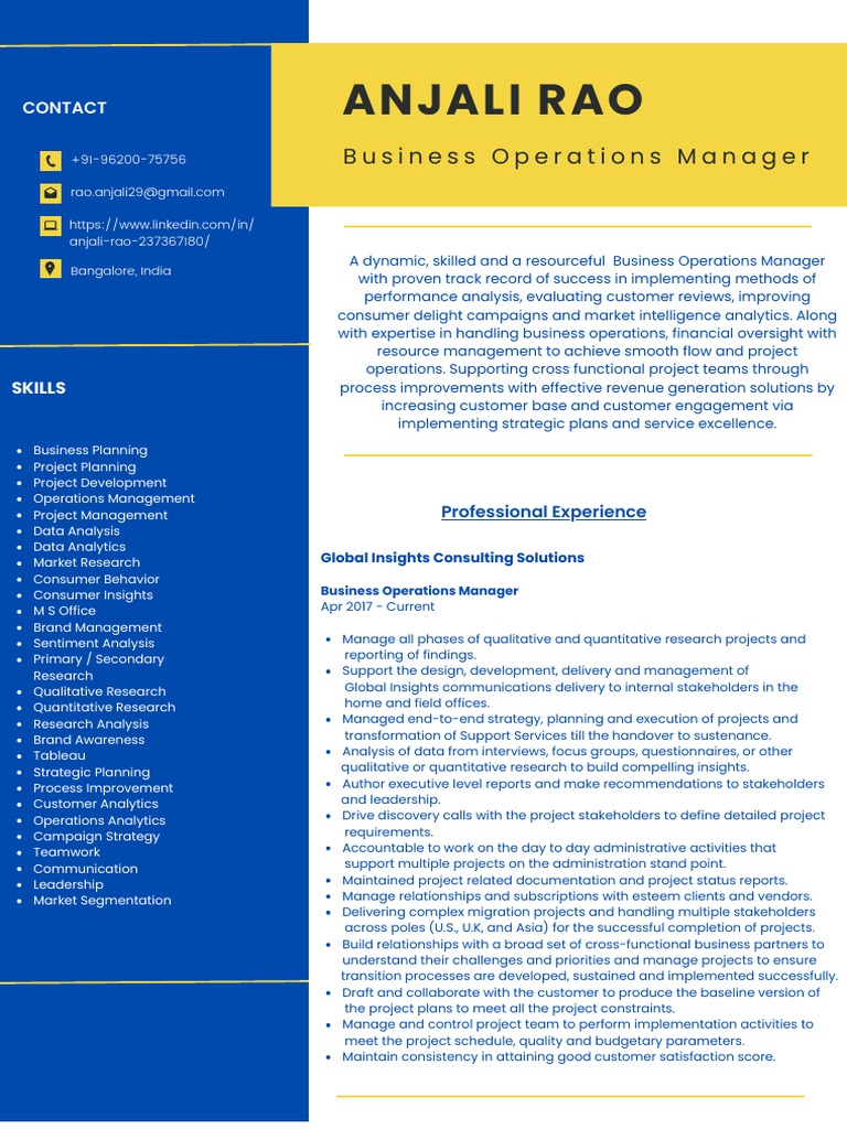 Business Operations Manager-Anjali Rao-Resume | PDF
