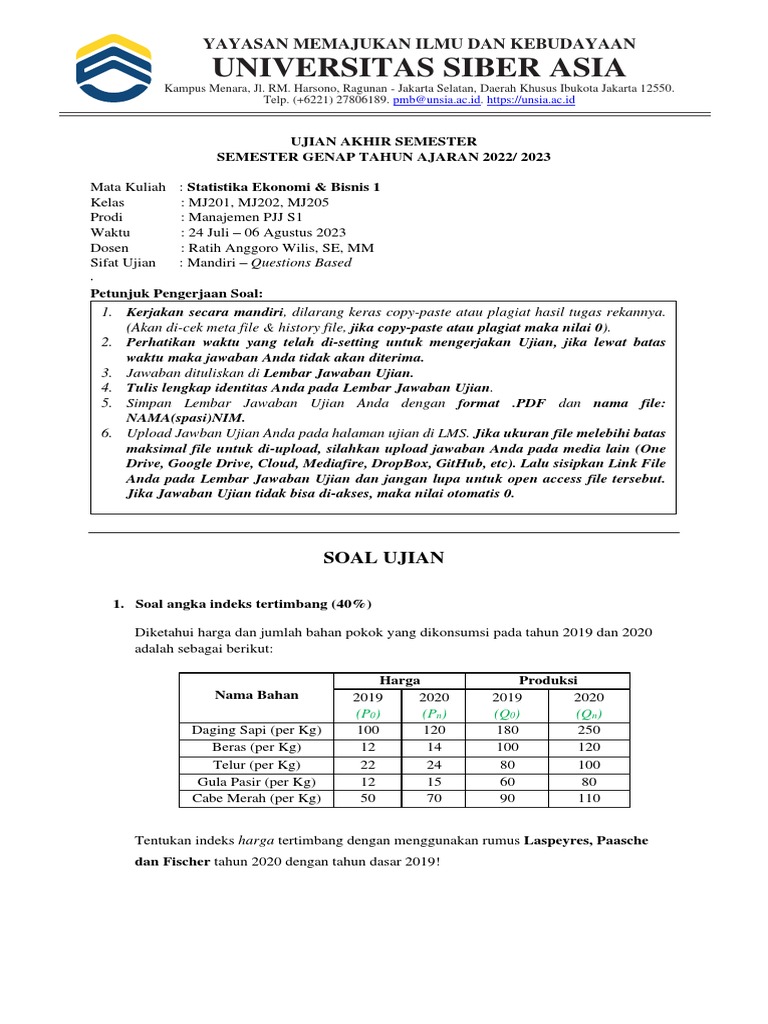 UAS - Statistika Ekonomi & Bisnis 1 - Semester Genap 2022-2023 | PDF