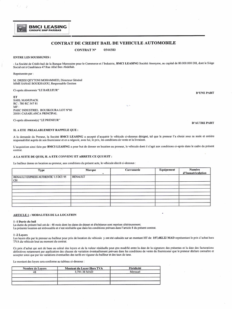 Contrat de Crédit-Bail Automobile BMCI | PDF