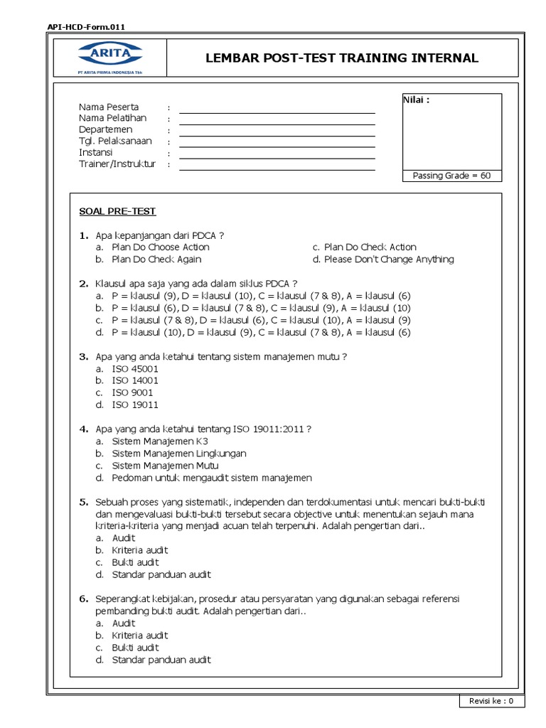 Lembar Post-Test ISO 9001 Base On 19011 Internal Quality Audit | PDF