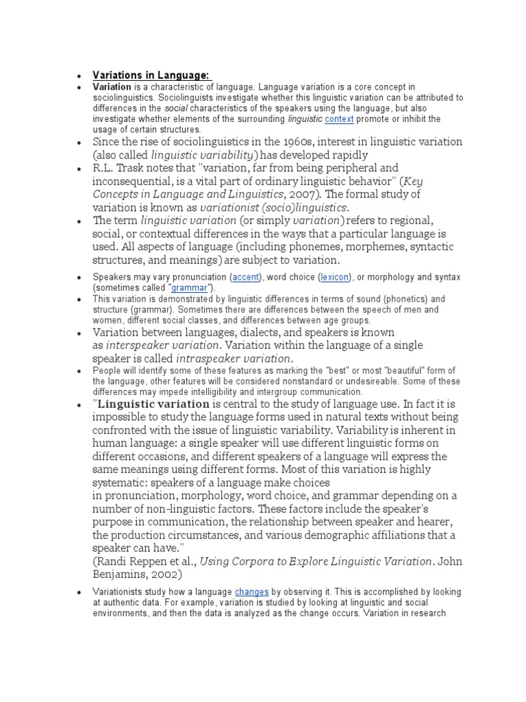 Variations in Language - Language Behaviour - Dialect - Idolect - Register | PDF