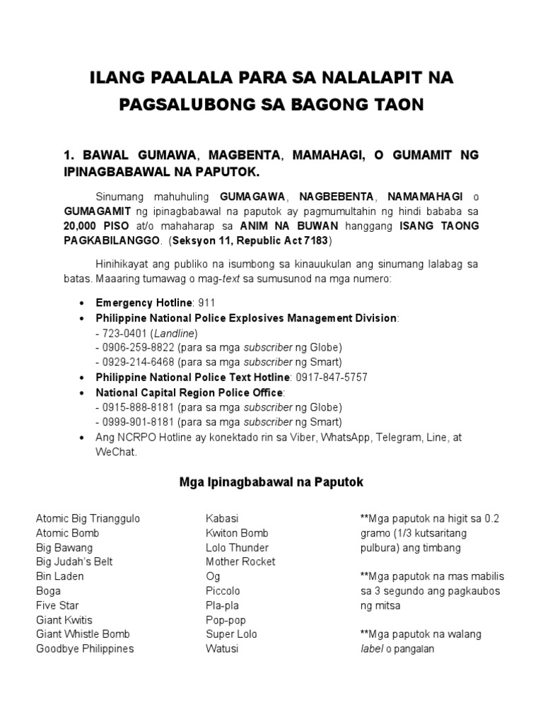 Mga Bawal at Patakaran sa Paputok | PDF
