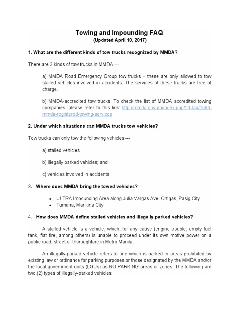 Towing-Mmda Faq | PDF | Road | Traffic