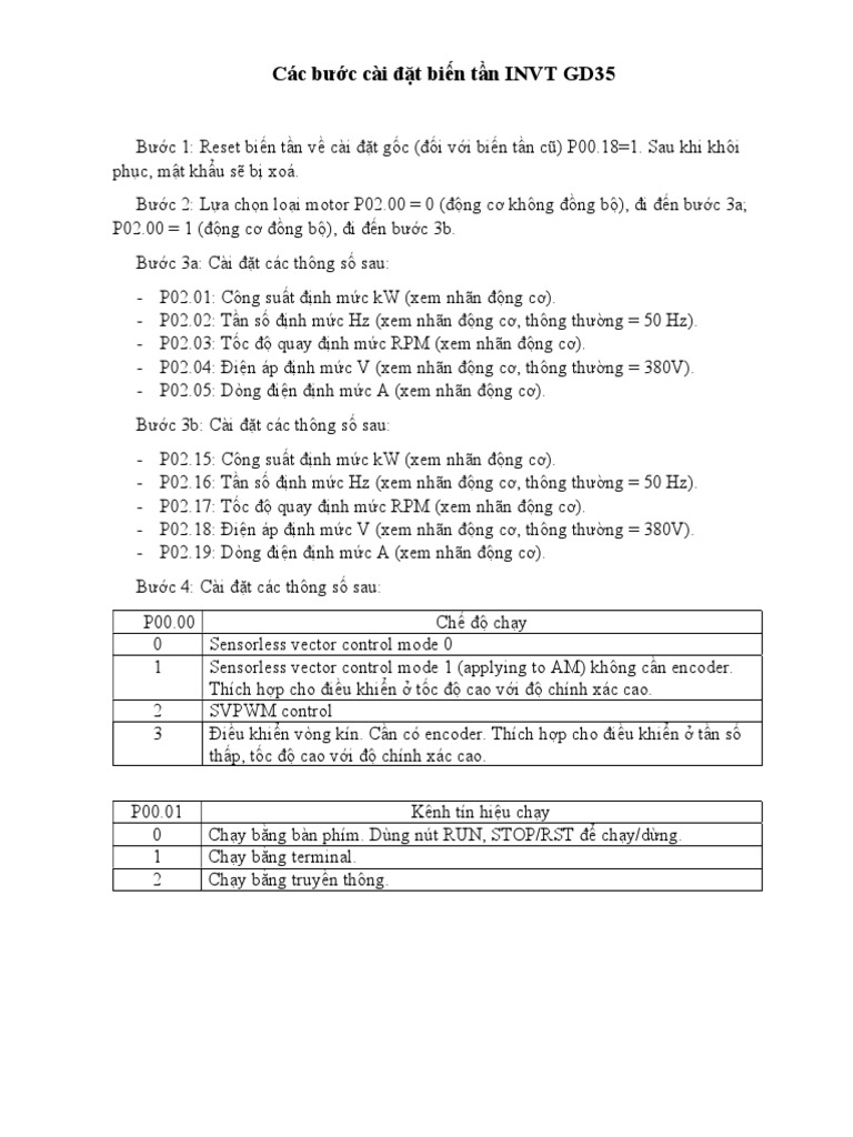 Các bước cài đặt biến tần INVT GD35 | PDF