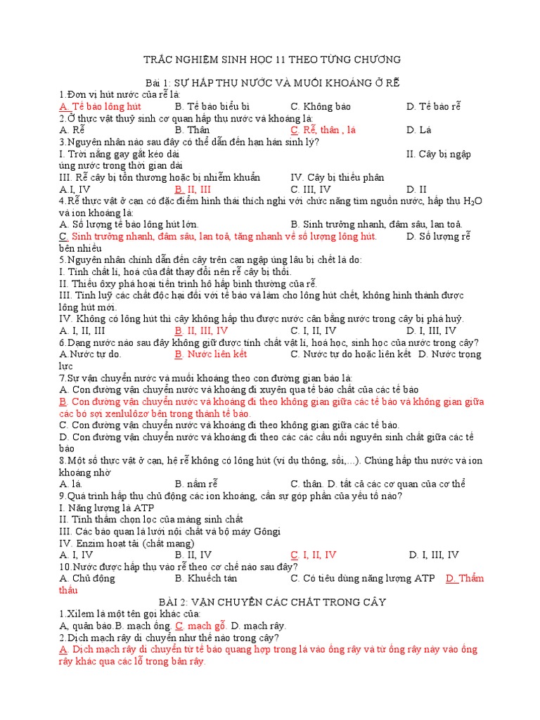 (123doc) - Trac-Nghiem-Sinh-Hoc-11-Theo-Tung-Bai | PDF