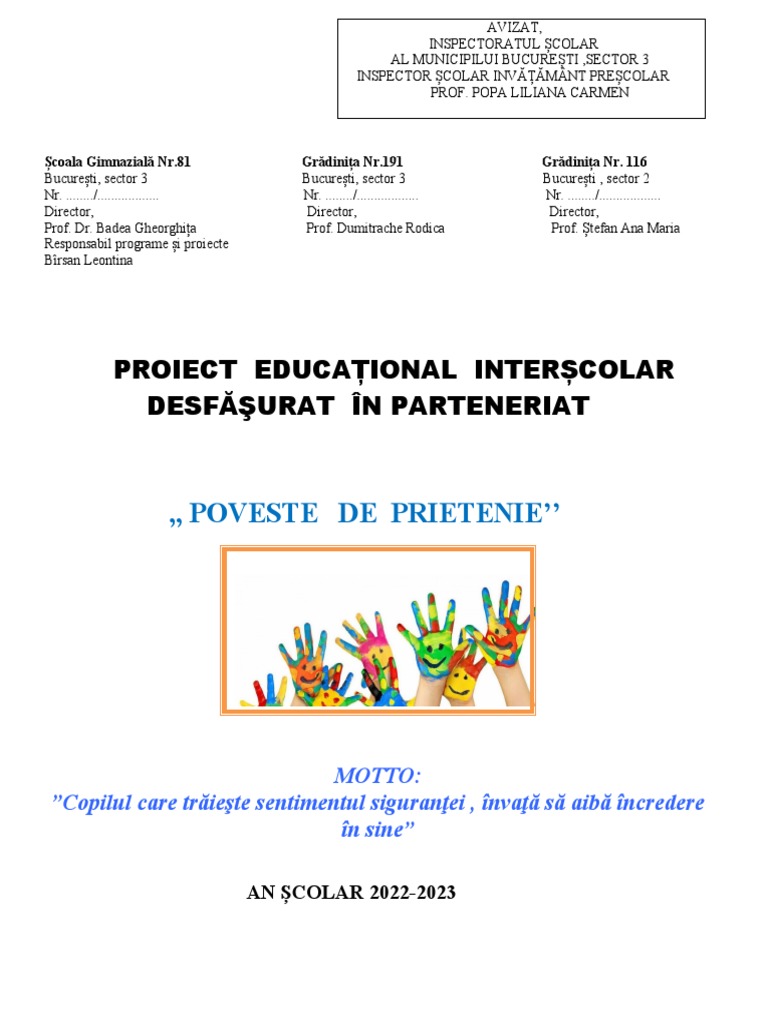 Proiect interscolar in parteneriat ,,Poveste de prietenie,, | PDF