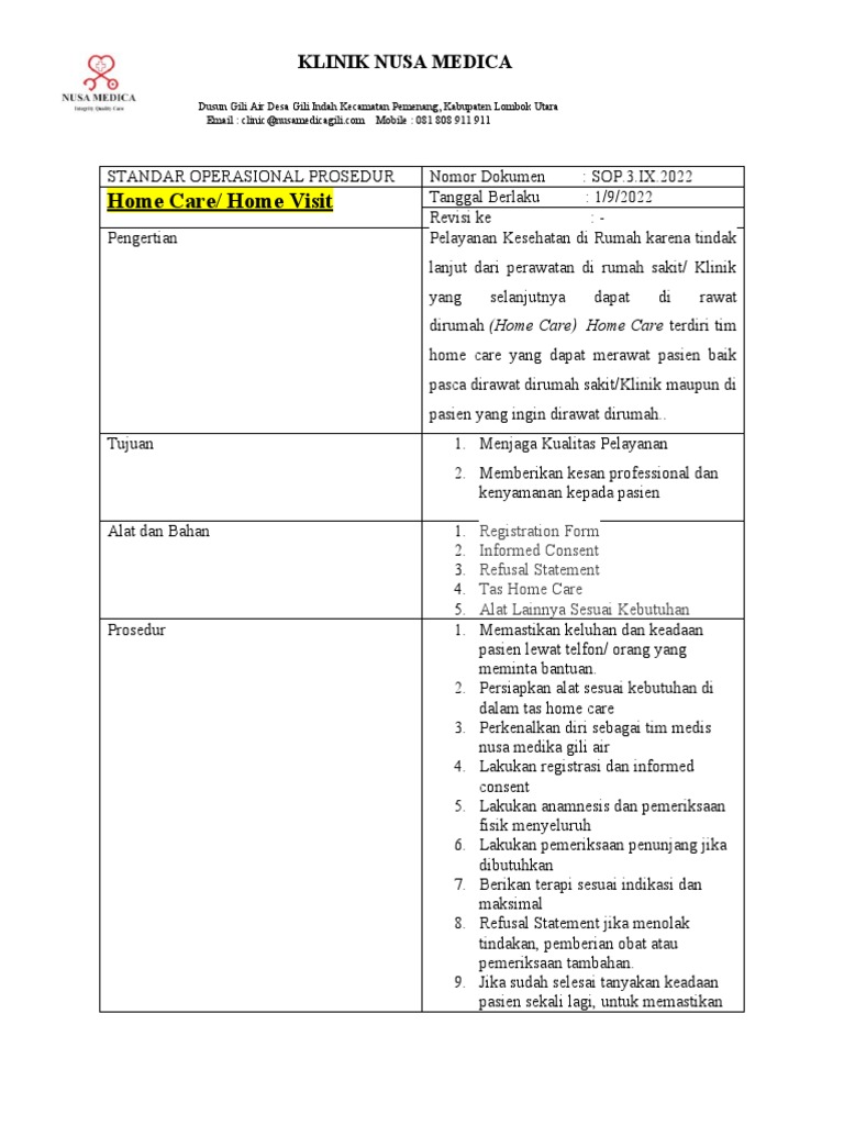 SOP Home Care Nusa Medica Gili Air | PDF