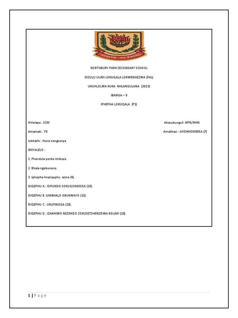 Isizulu Fal (2023) Grade 9 June Controlled Test (Nhlangulana) | PDF ...