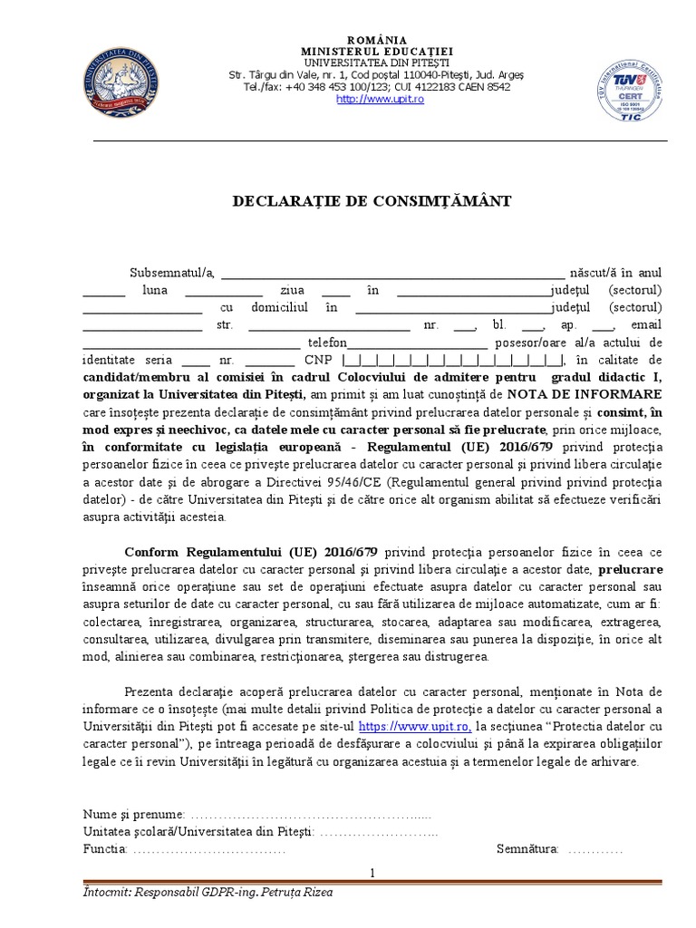 Declaratie de Consimtamant GDPR - Candidat, Membru Comisie-Colocviu ...