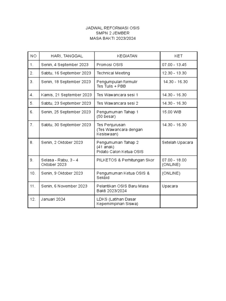 Jadwal Reformasi Osis | PDF