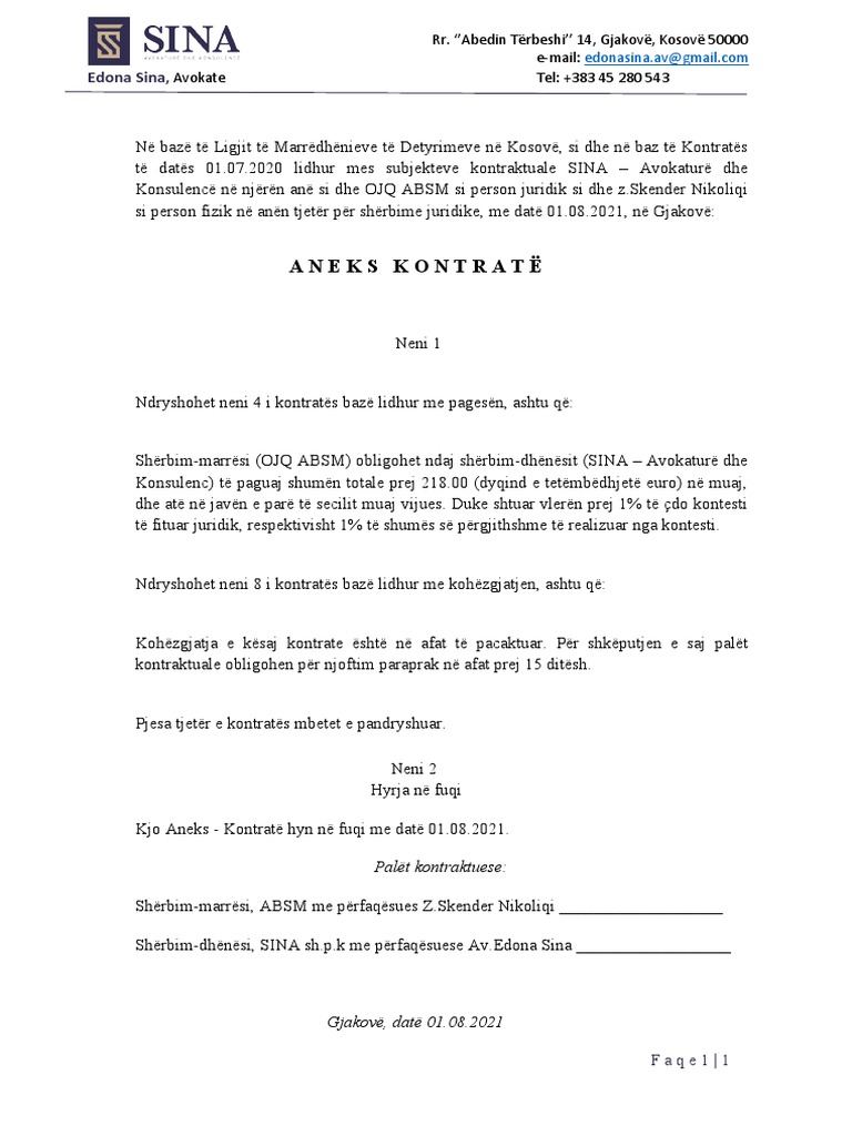 Aneks - Kontrata Per Firma | PDF
