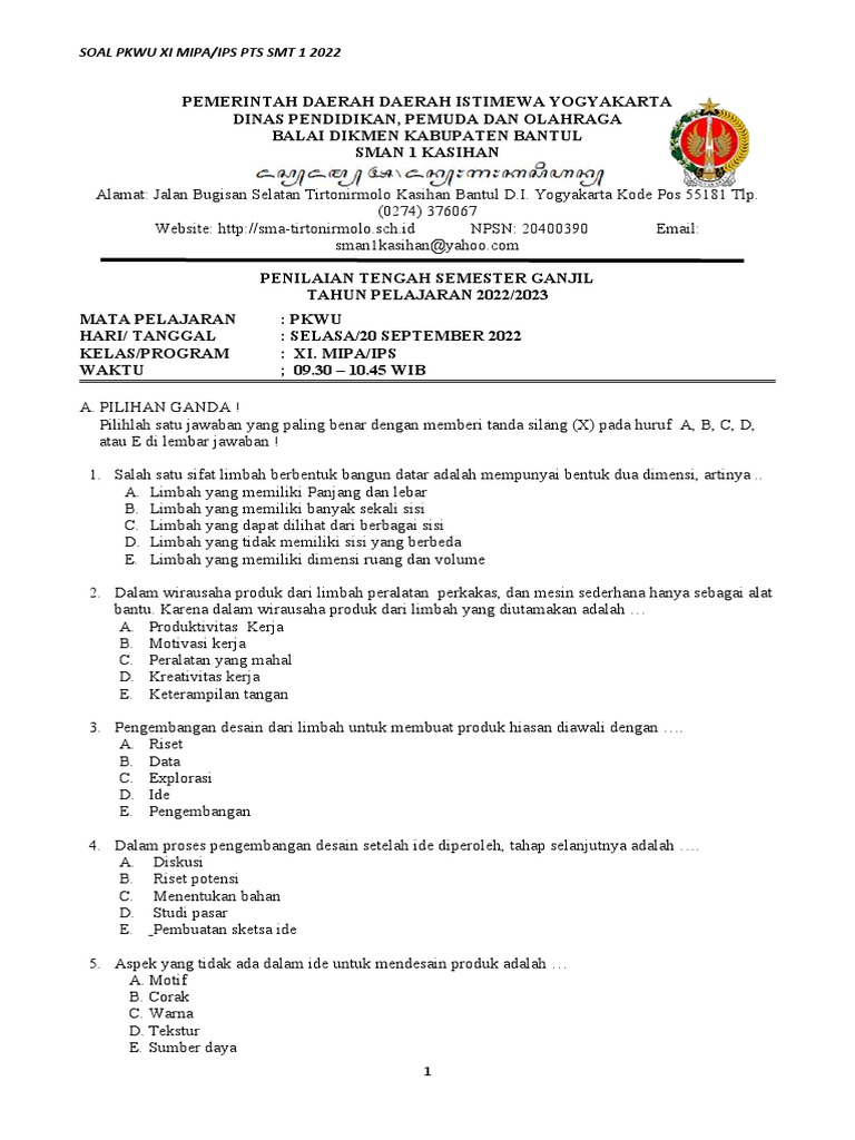 Soal Pkwu Xi PTS SMT 1 2022 | PDF